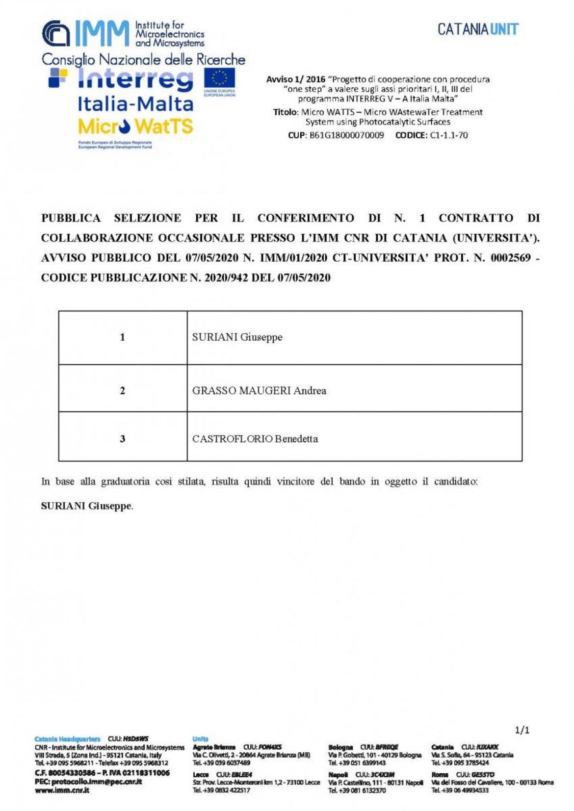 Pubblicata graduatoria per conferimento di n.1 contratto di ... Pubblicata graduatoria per conferimento di n.1 contratto di ...